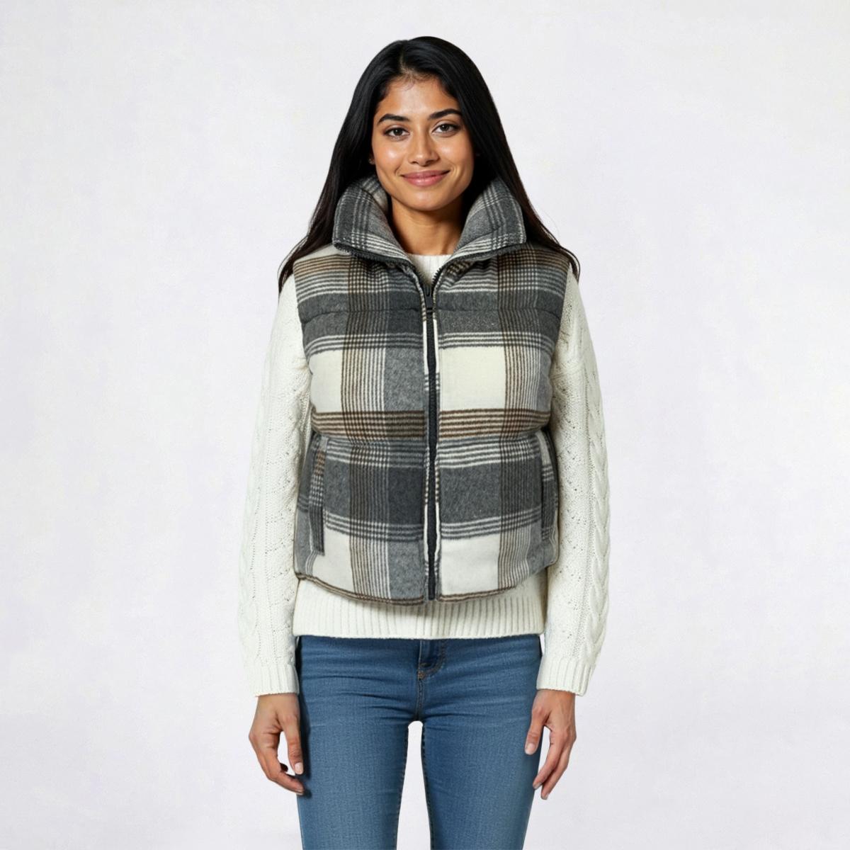 Click here for Juniors Stoosh Wool Plaid Crop Puffer Vest prices